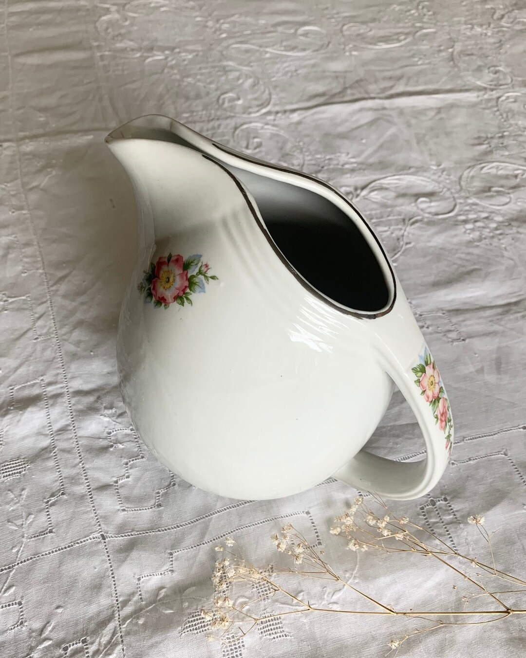 Antique White Pink Blue Halls Rose White Ironstone Water Pitcher,shabby ...