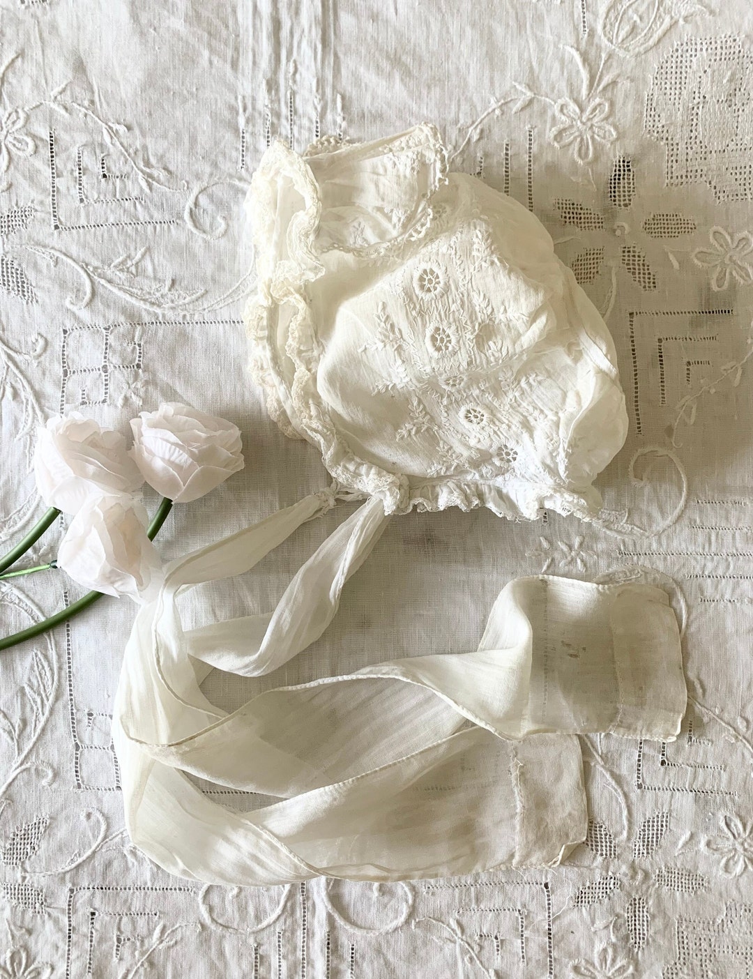 Antique White Floral Ruffled Hat Baby Bonnet,cottage Farmhouse Shabby ...