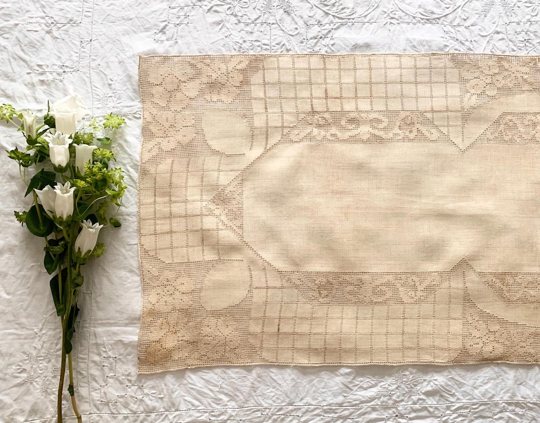 Antique Victorian Neutral Beige Floral Dresser Scarf Table Runner ...