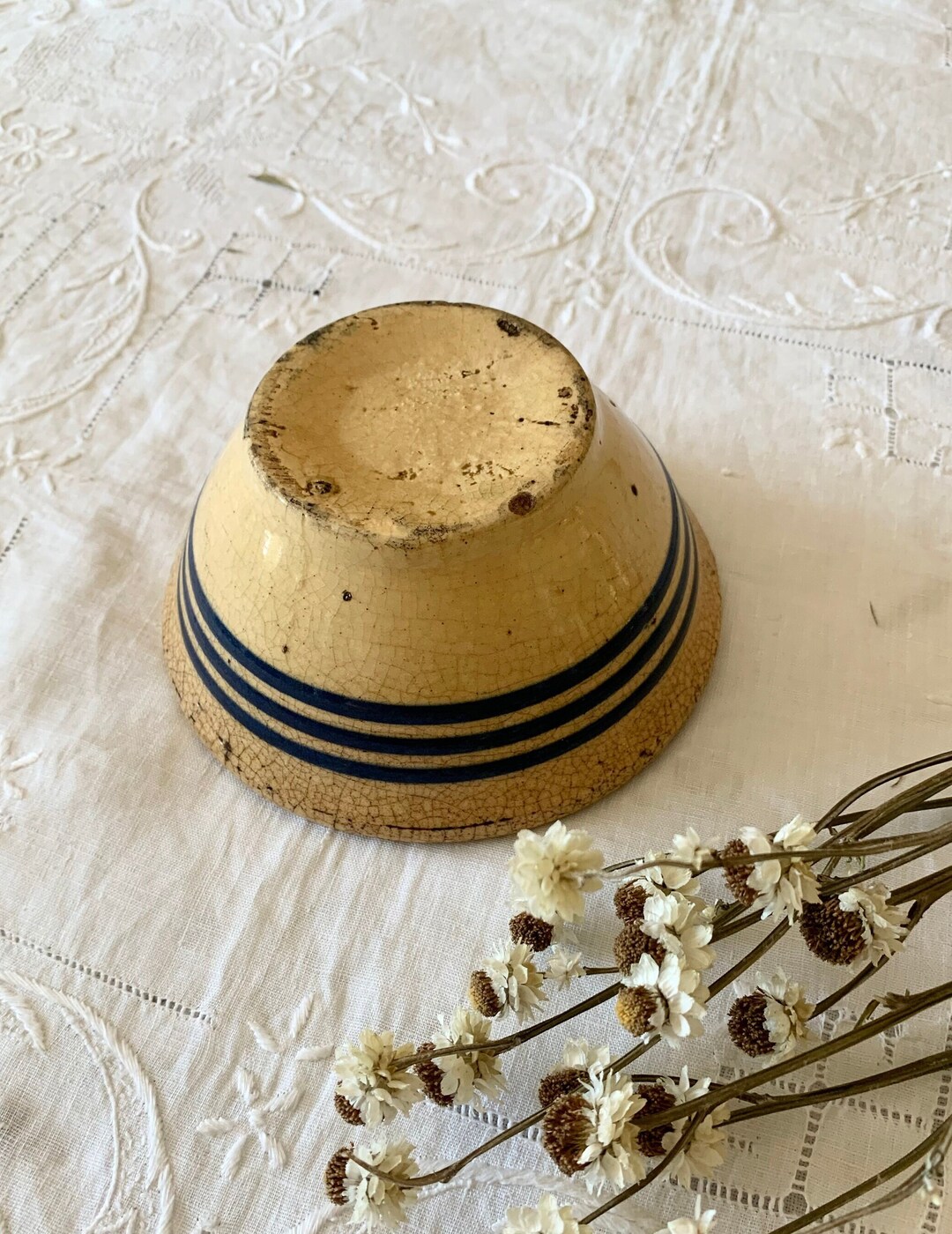 Antique Distressed Small Blue Striped Stoneware Pottery Yellowware ...