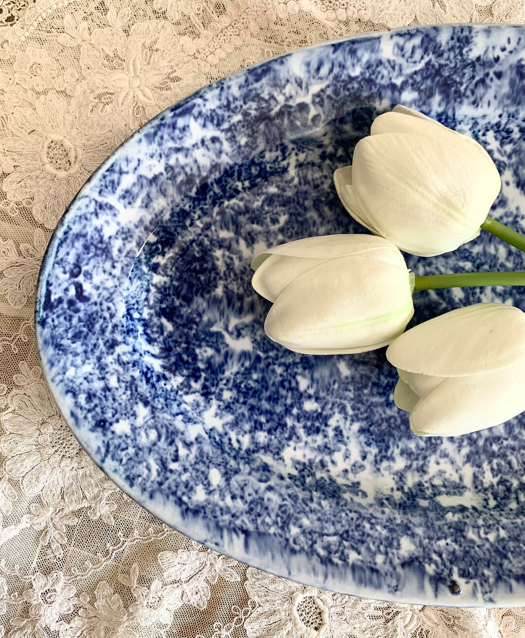 Antique 19th Century 1800's Large Blue White Oval Ironstone Spongeware ...