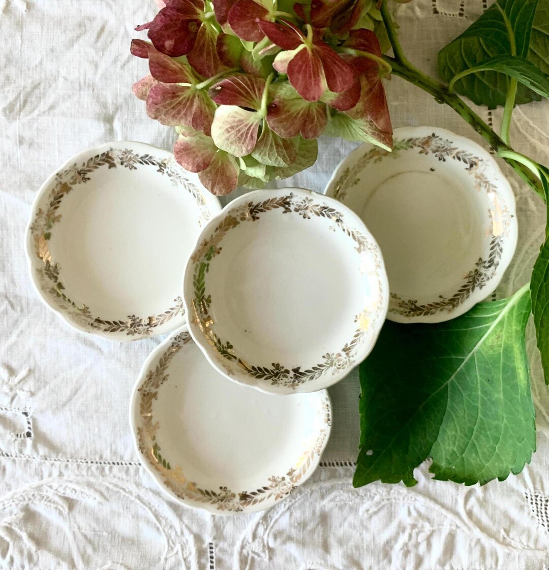 SET of 4 Vintage Gold White Round Floral Porcelain Butter Pats,cottage ...