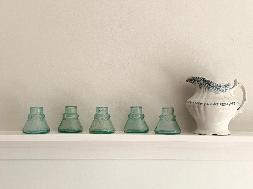 SET of 5 Antique Instant Collection Aqua Teal Blue Glass Inkwell ...