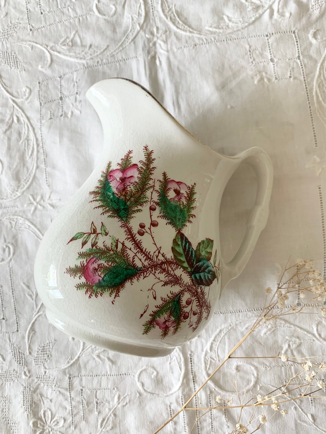 Antique Victorian White Pink Moss Rose J.M & Co. Chunky Ironstone Jug ...