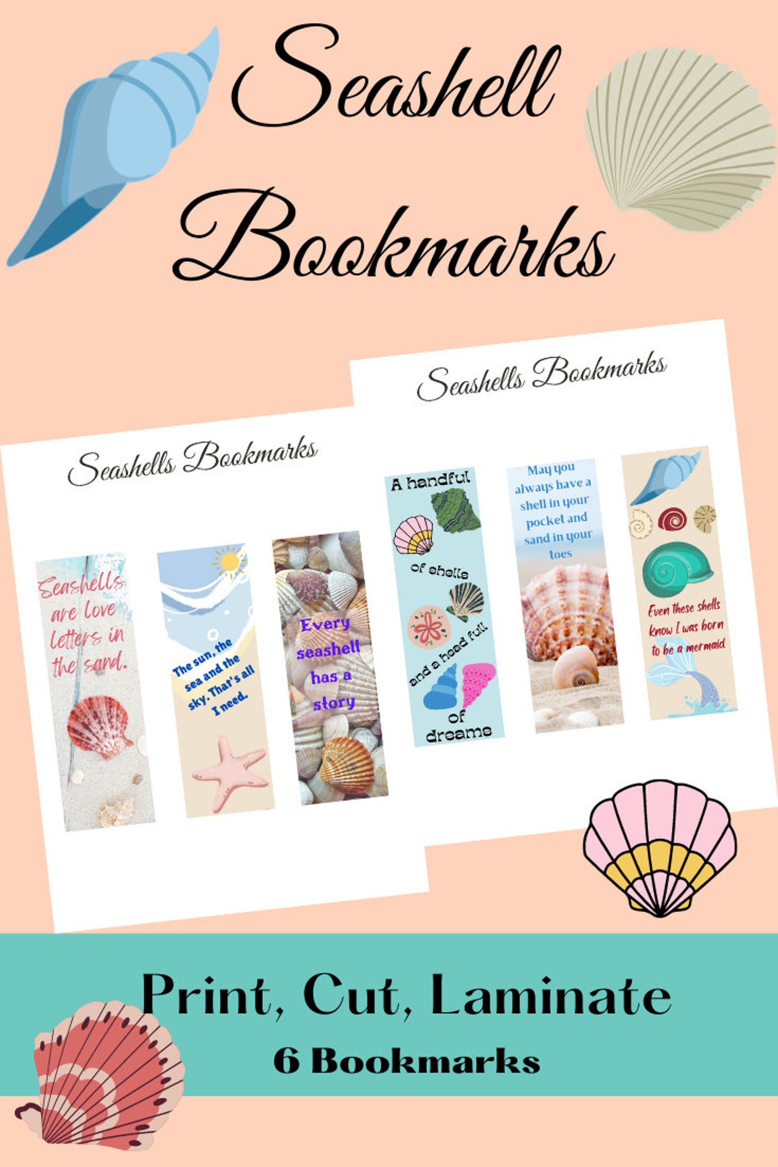 Seashells Printable Bookmarks - Bookmark Set - Digital Bookmarks - Cute ...