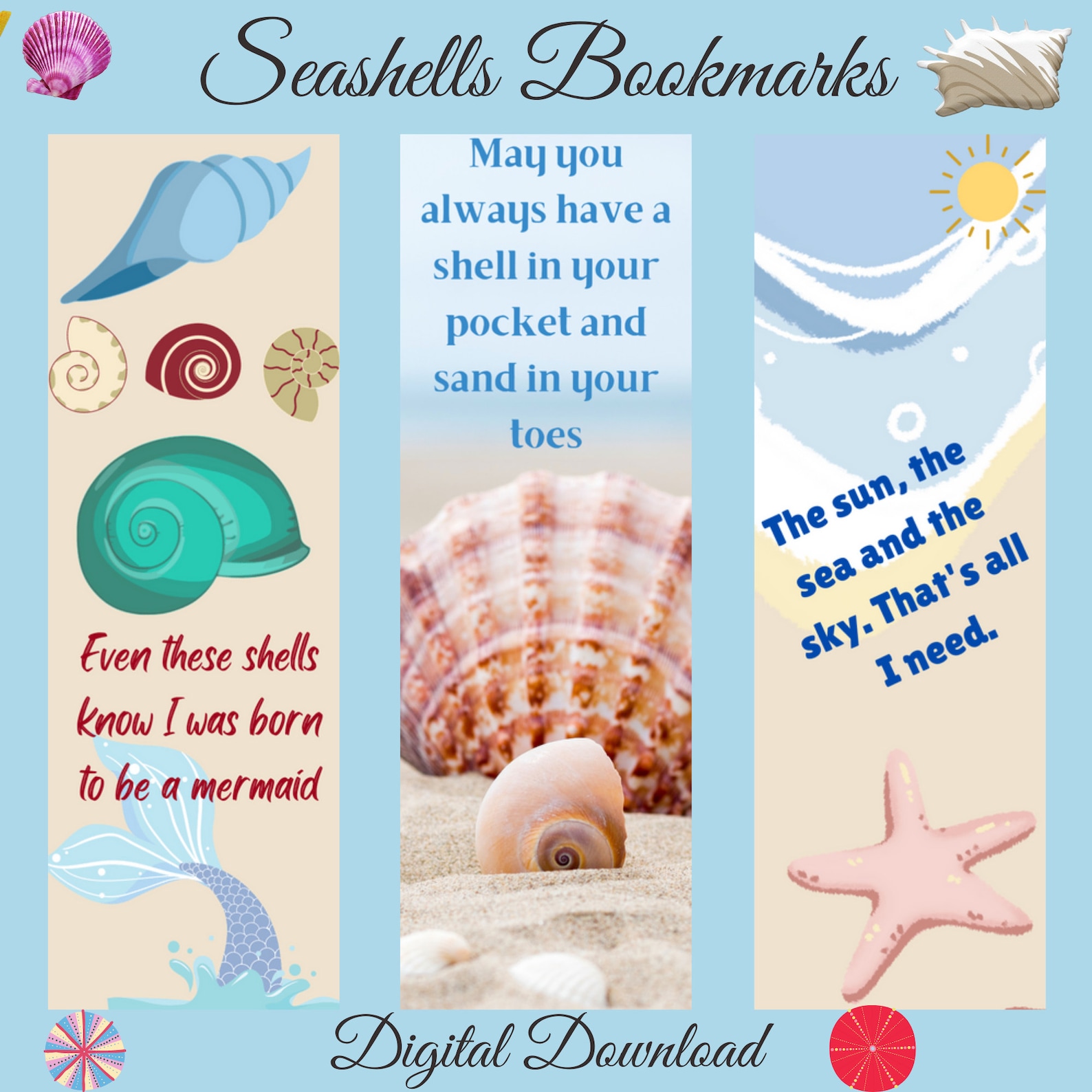 Seashells Printable Bookmarks - Bookmark Set - Digital Bookmarks - Cute ...