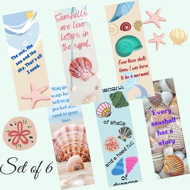 Seashells Printable Bookmarks - Bookmark Set - Digital Bookmarks - Cute ...