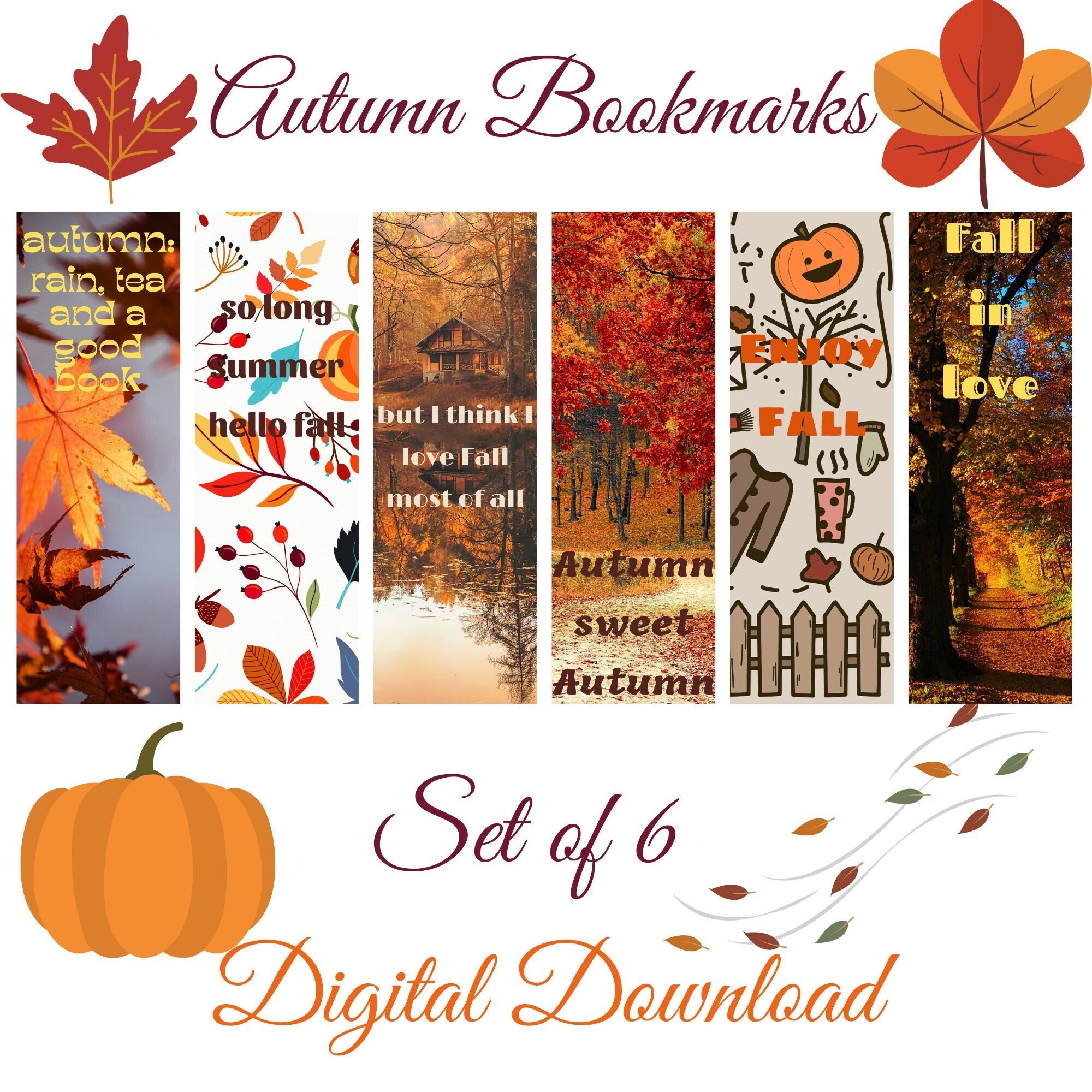 Printable Bookmarks, Bookmark Set, Digital Bookmarks, Autumn/fall Theme ...