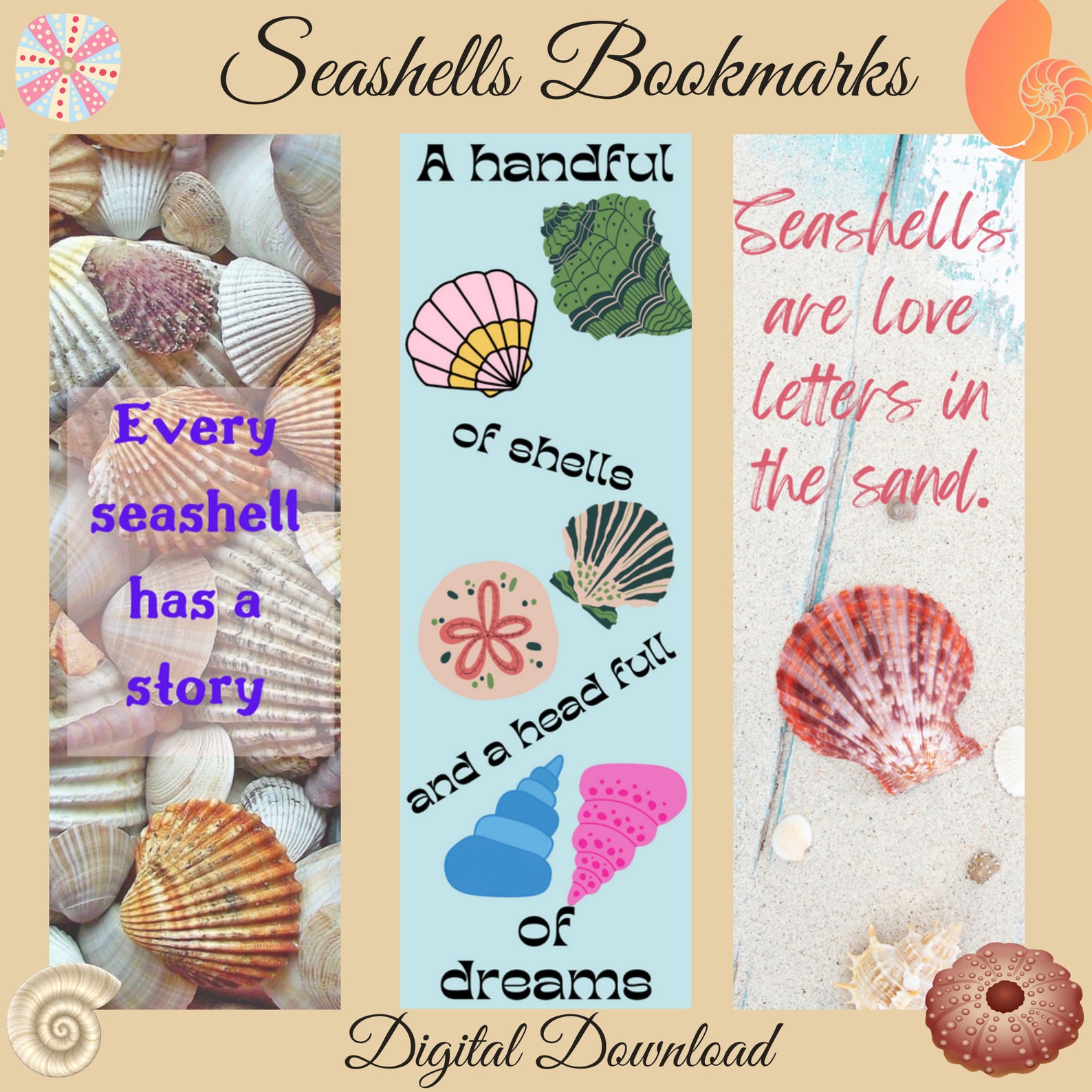 Seashells Printable Bookmarks - Bookmark Set - Digital Bookmarks - Cute ...