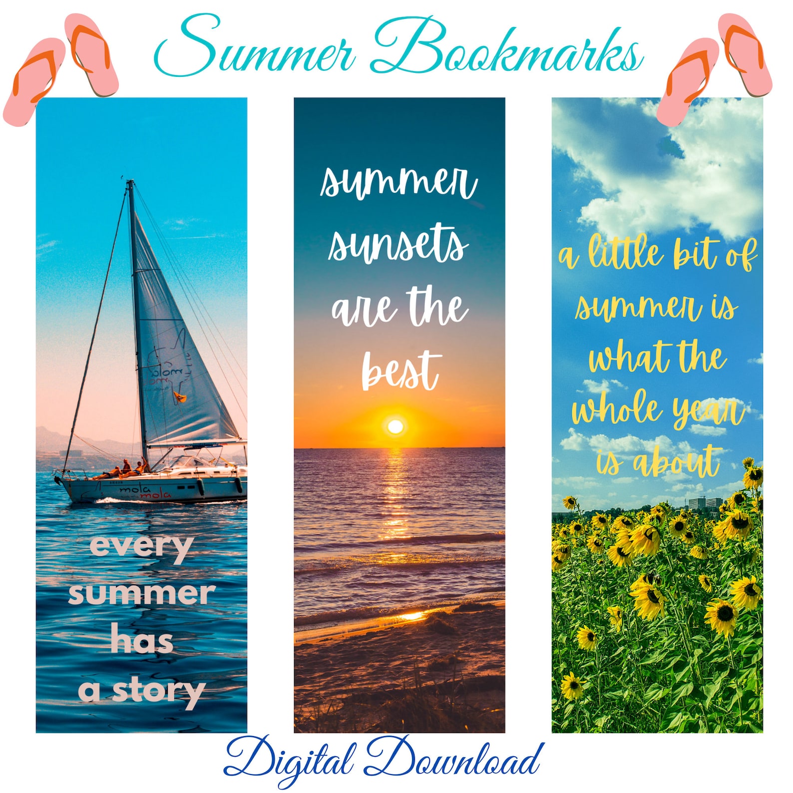 Printable Bookmarks, Bookmark Set, Digital Bookmarks, Summer Theme ...