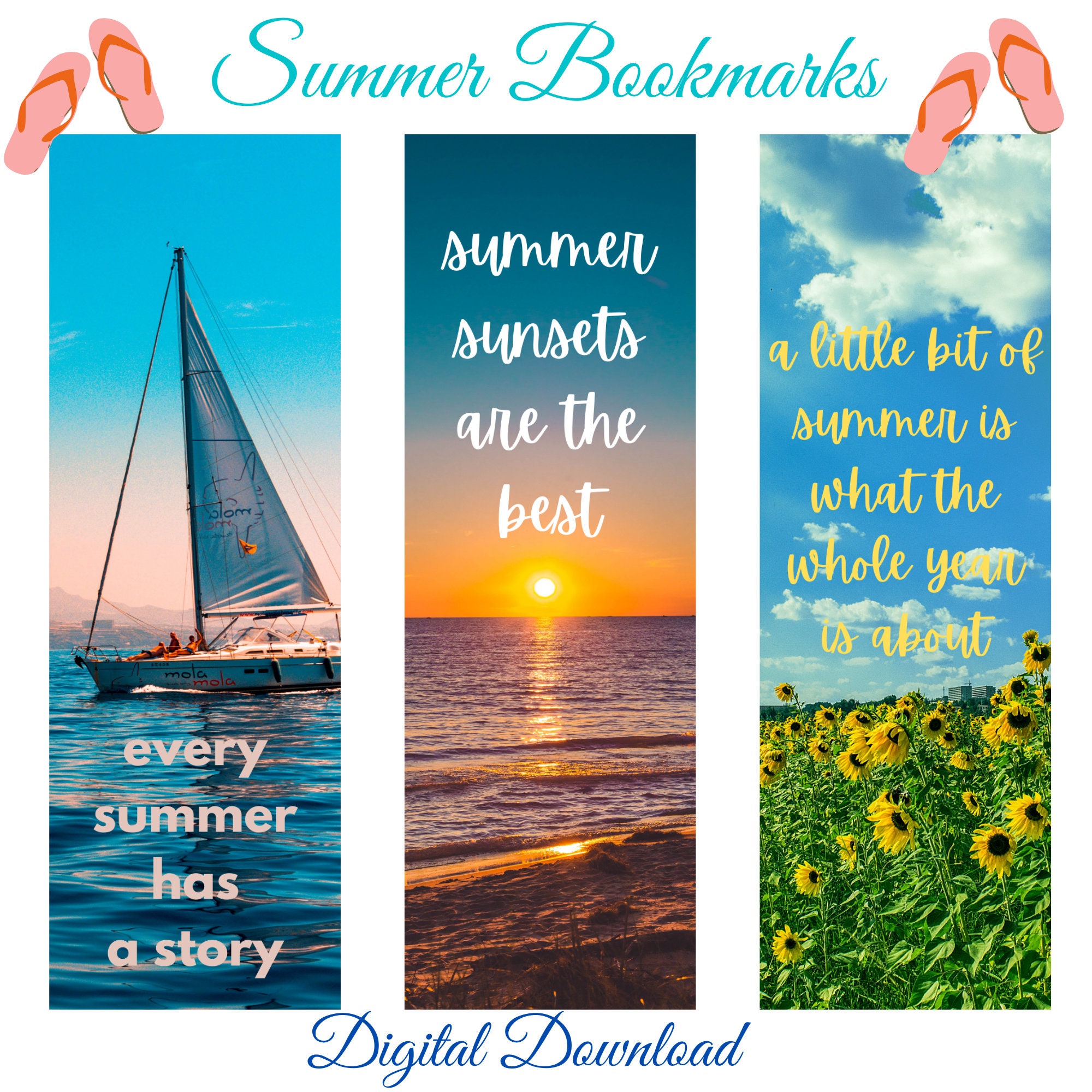 Printable Bookmarks, Bookmark Set, Digital Bookmarks, Summer Theme ...