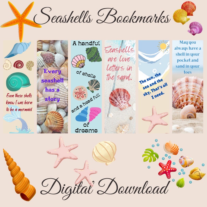 Seashells Printable Bookmarks - Bookmark Set - Digital Bookmarks - Cute ...