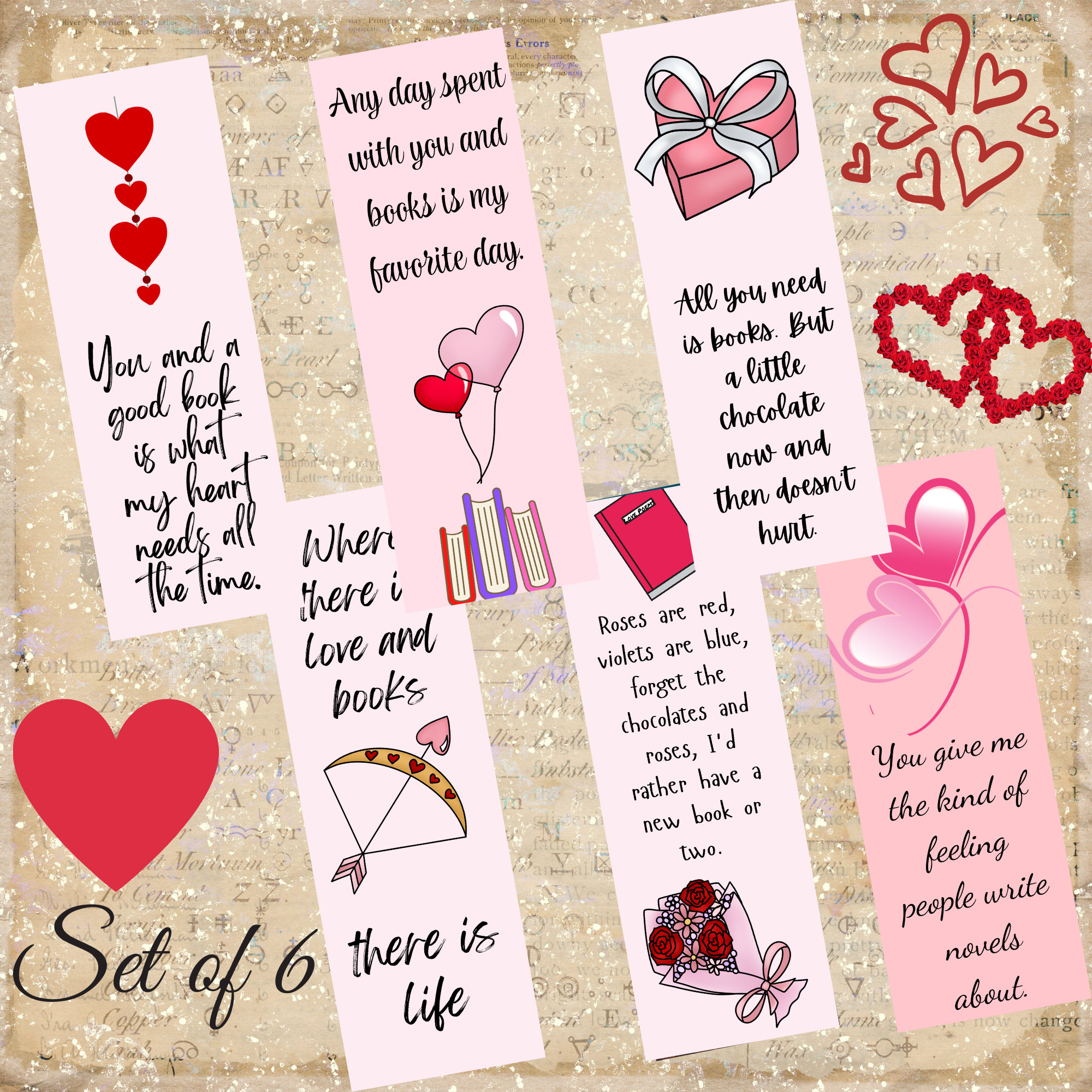 Printable Bookmarks, Valentine's Day Bookmarks, Bookmark Set, Digital ...