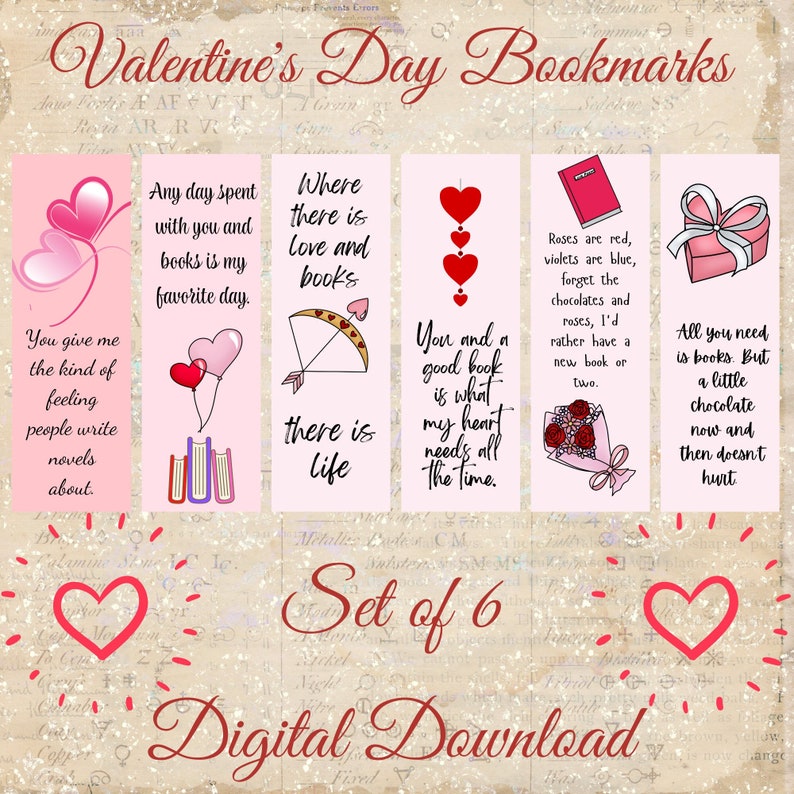 Printable Bookmarks, Valentine's Day Bookmarks, Bookmark Set, Digital ...
