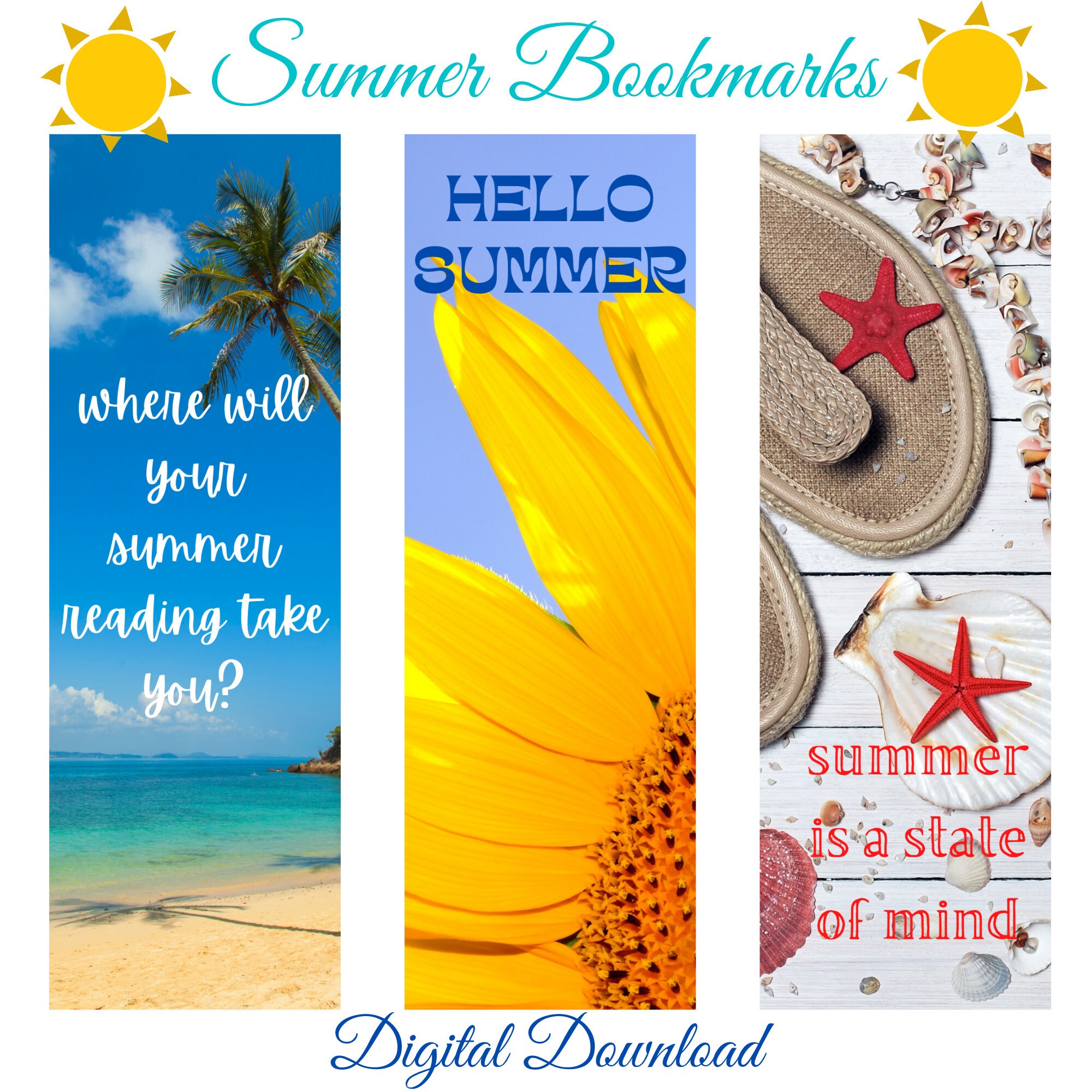 Printable Bookmarks, Bookmark Set, Digital Bookmarks, Summer Theme ...