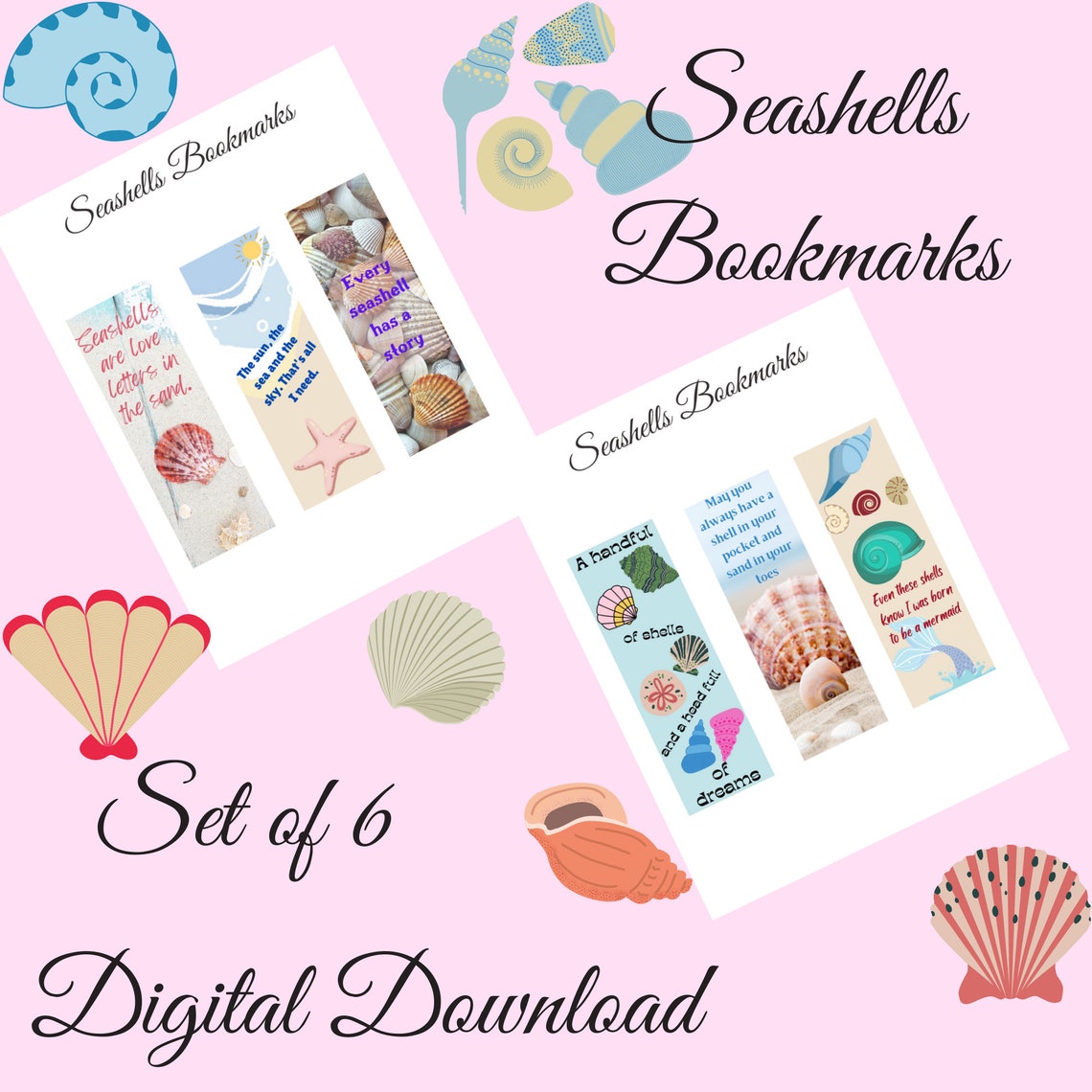 Seashells Printable Bookmarks - Bookmark Set - Digital Bookmarks - Cute ...