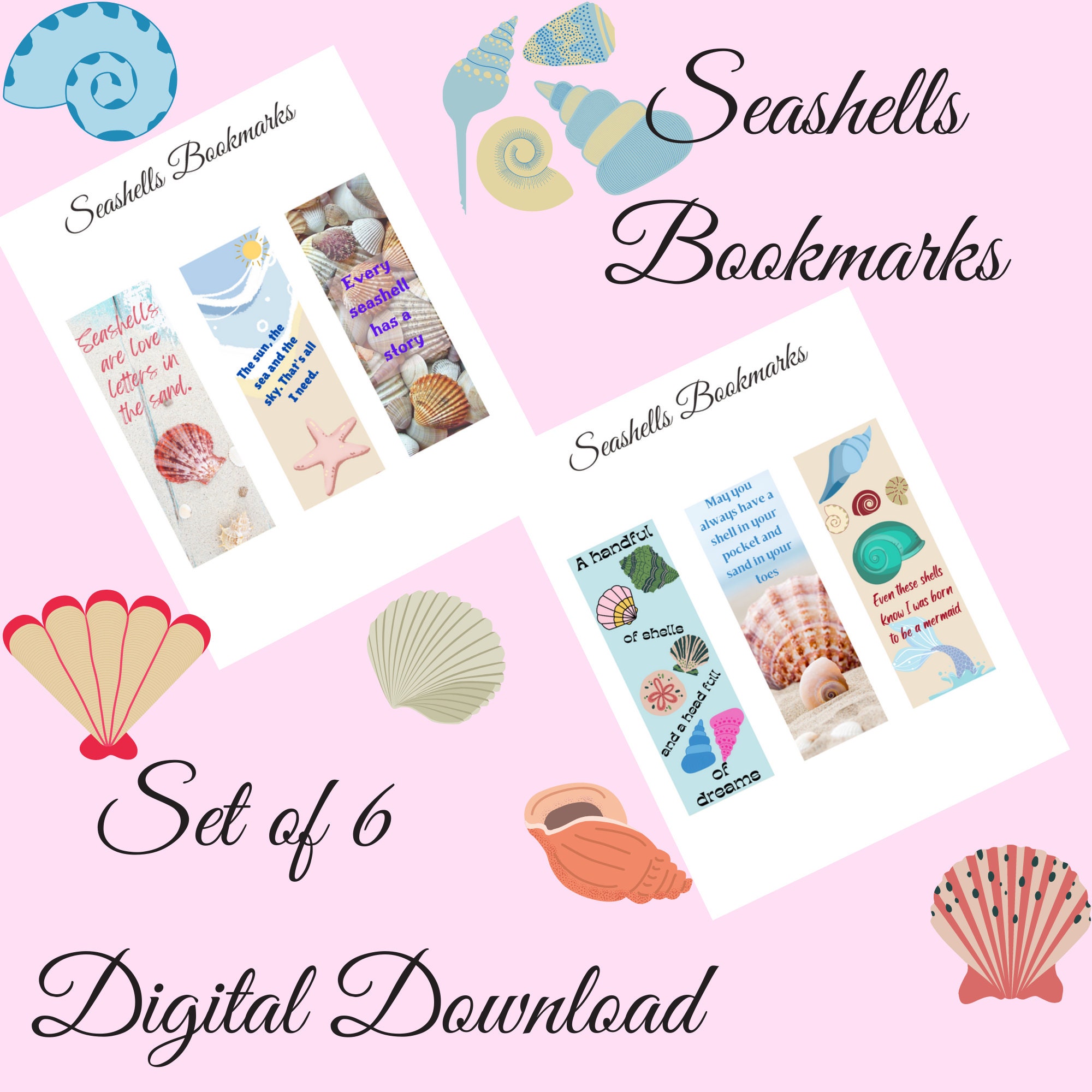 Seashells Printable Bookmarks - Bookmark Set - Digital Bookmarks - Cute ...