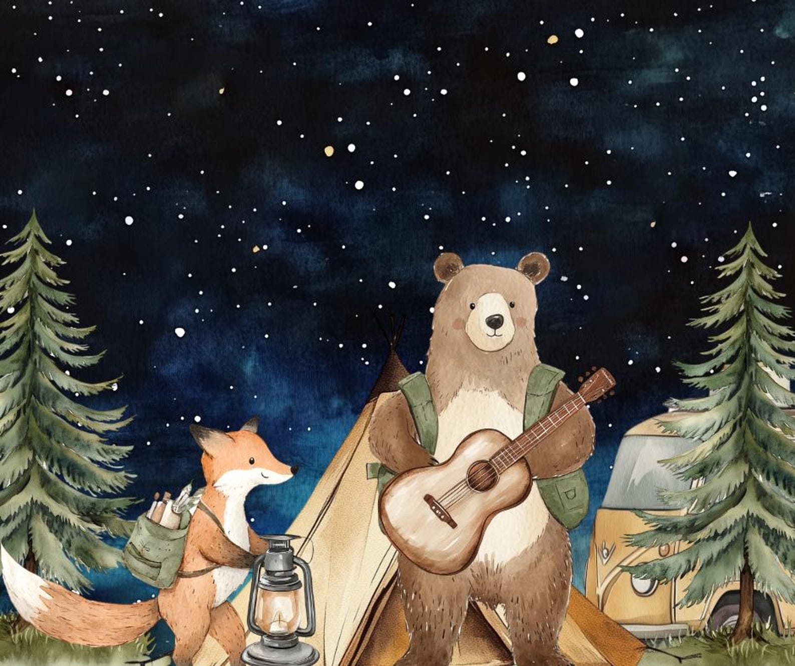 Watercolor Camping Animals Clipart | Forest Bear & Fox PNG | Woodland ...