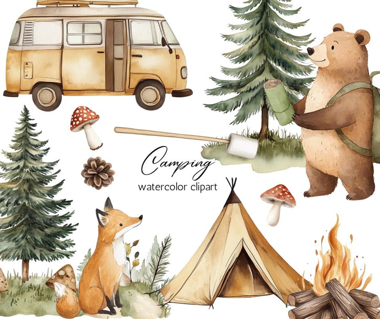 Watercolor Camping Animals Clipart | Forest Bear & Fox PNG | Woodland ...
