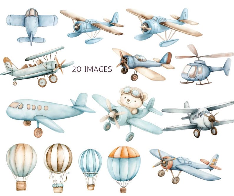 Watercolor Airplane Clipart Bundle, Vintage Aviation PNG, Pilot Kids ...