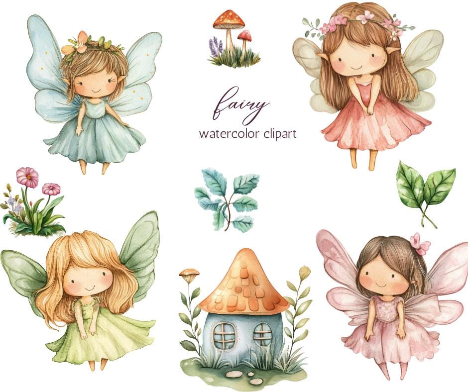 Fairy Tale Watercolor Clipart | Cute Fairies, Mushroom Houses, Gnomes ...