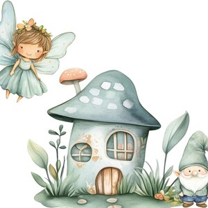 Fairy Tale Watercolor Clipart | Cute Fairies, Mushroom Houses, Gnomes ...