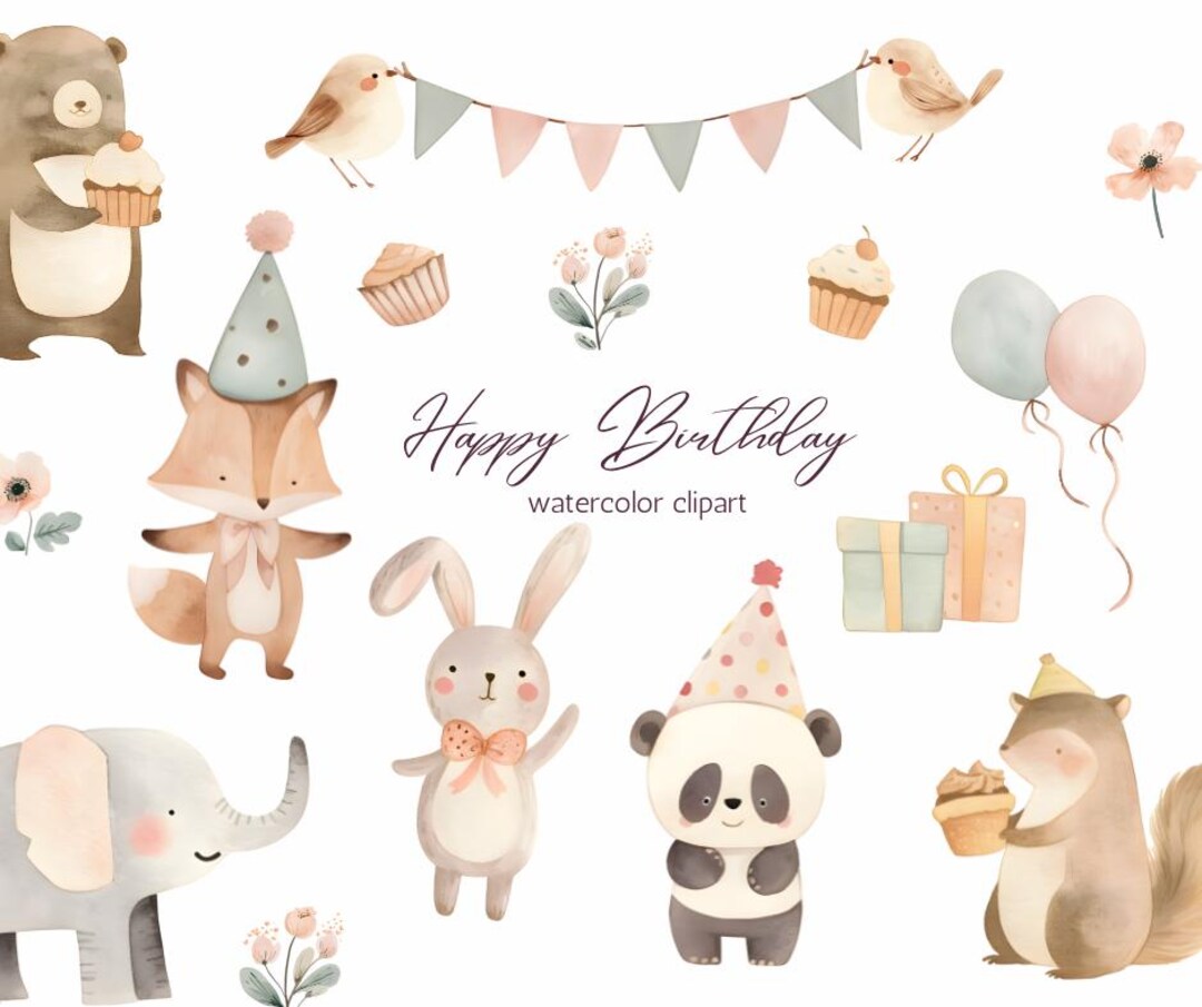 Watercolor Birthday Animals Clipart - PNG Woodland Animal Illustrations ...