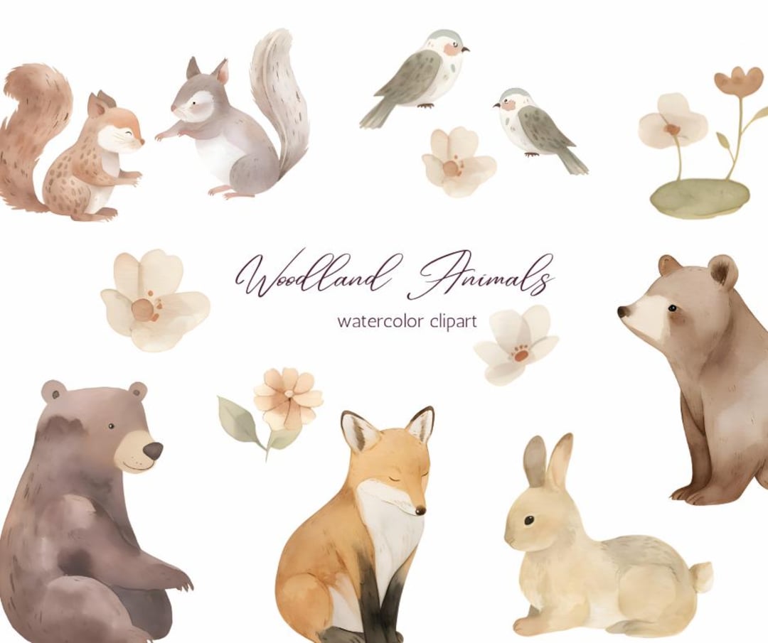 Woodland Animals Watercolor Clipart Set - Bear, Fox, Rabbit, Squirrel ...