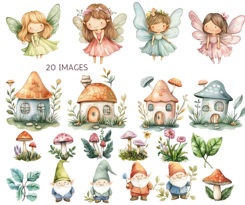 Fairy Tale Watercolor Clipart | Cute Fairies, Mushroom Houses, Gnomes ...