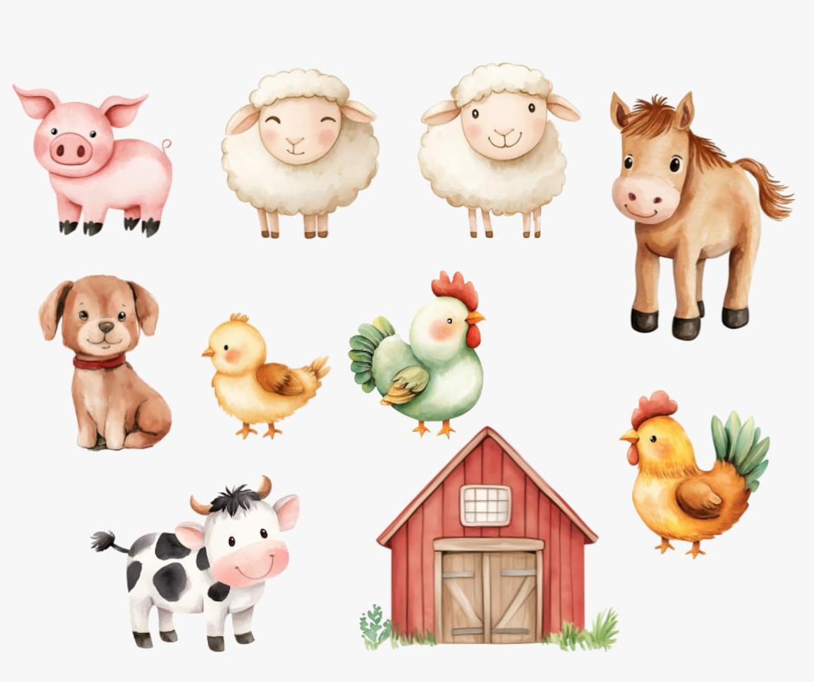 Cute Farm Animals Watercolor Clipart Set - PNG Animal Illustrations ...