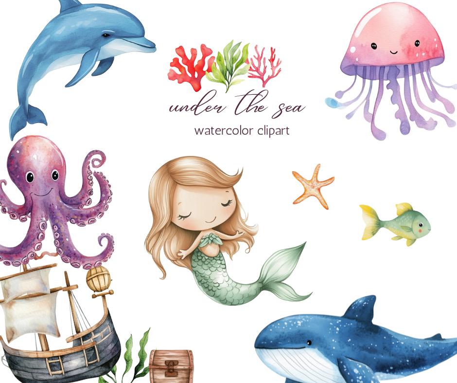 Cute Under the Sea Watercolor Clipart, Underwater Clip Art Set, Cute ...