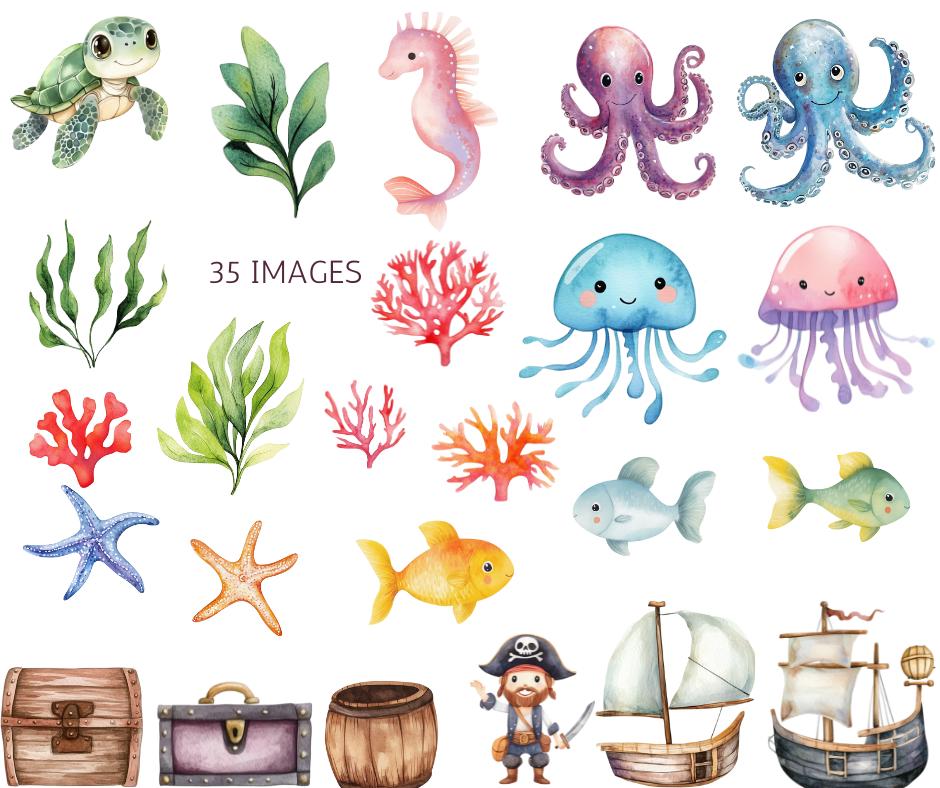 Cute Under the Sea Watercolor Clipart, Underwater Clip Art Set, Cute ...