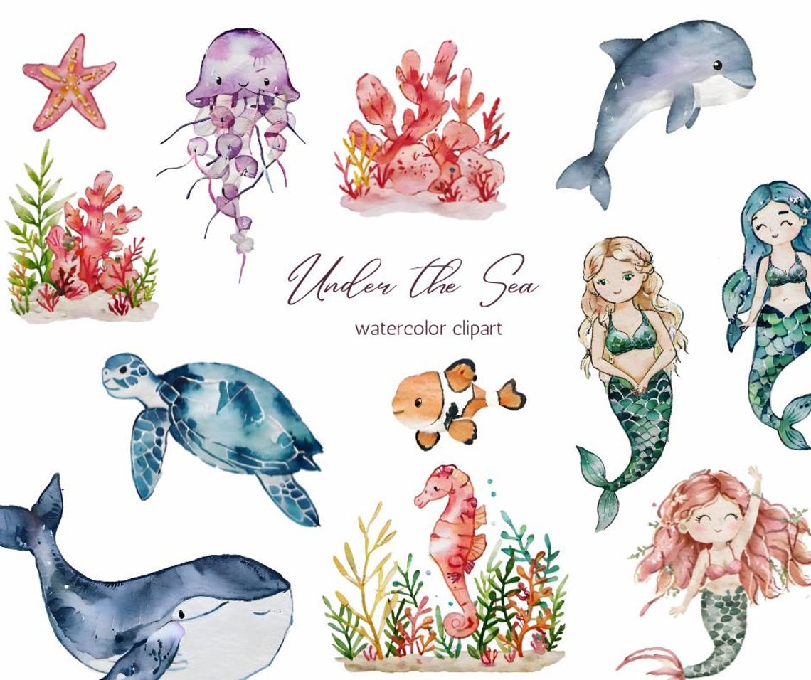 Under the Sea Watercolor Clipart Set, Watercolor Underwater Clipart ...