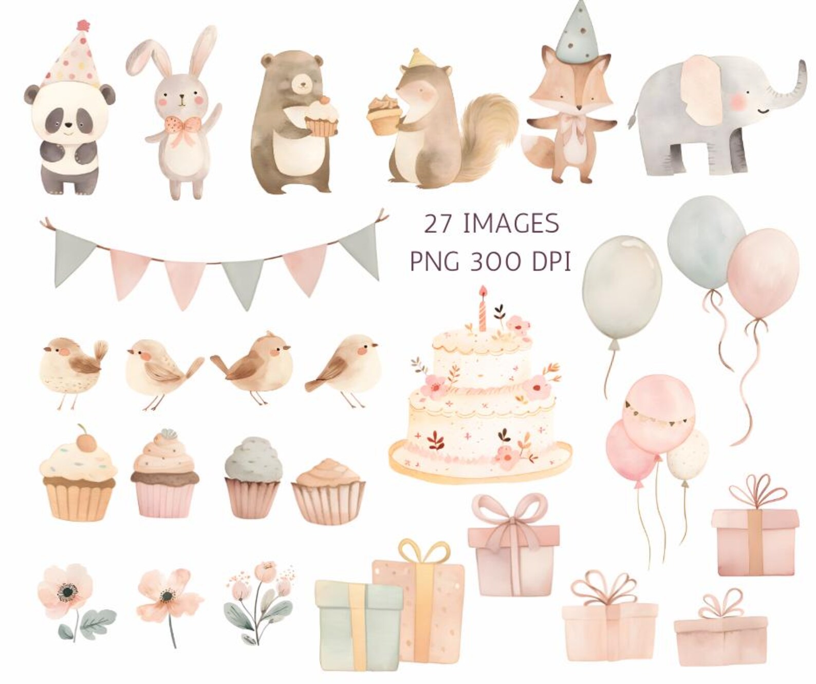 Watercolor Birthday Animals Clipart - PNG Woodland Animal Illustrations ...