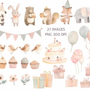 Watercolor Birthday Animals Clipart - PNG Woodland Animal Illustrations ...