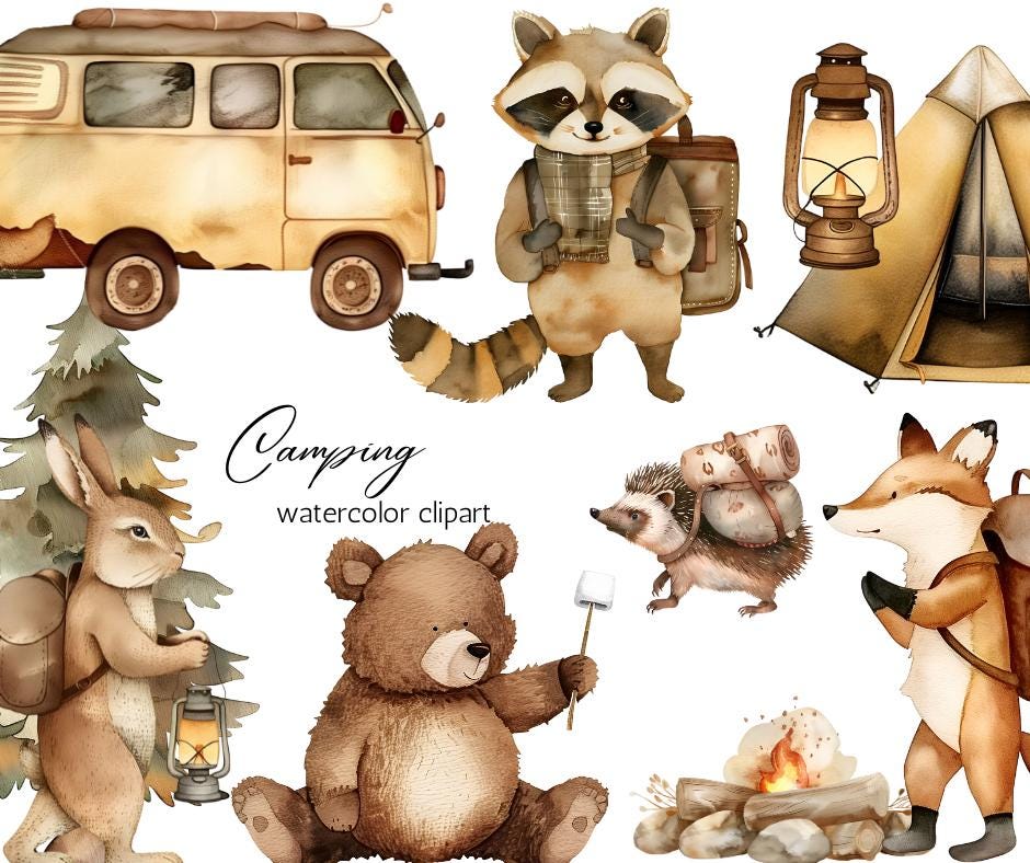 Watercolor Camping Animals Clipart | Forest Bear & Fox PNG | Woodland ...