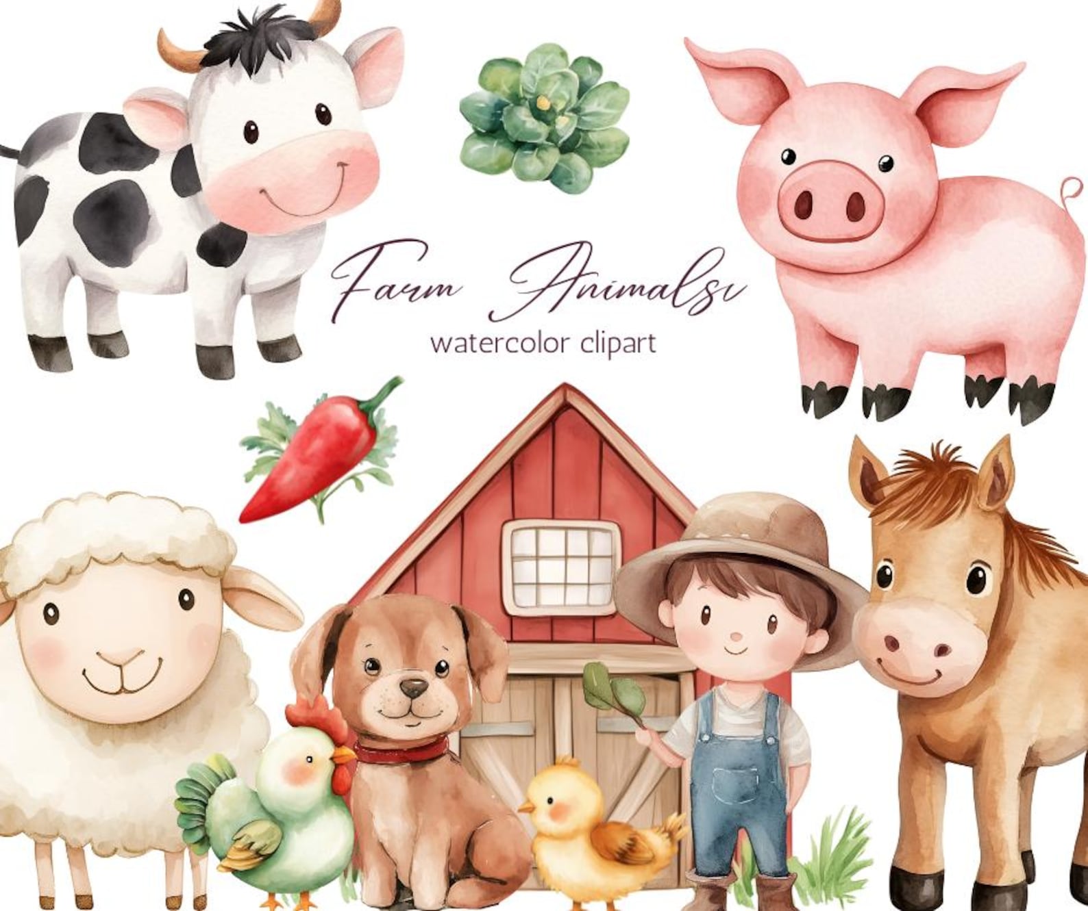 Cute Farm Animals Watercolor Clipart Set - PNG Animal Illustrations ...