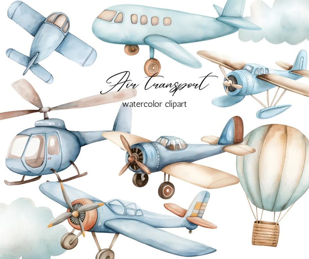 Watercolor Airplane Clipart Bundle, Vintage Aviation PNG, Pilot Kids ...