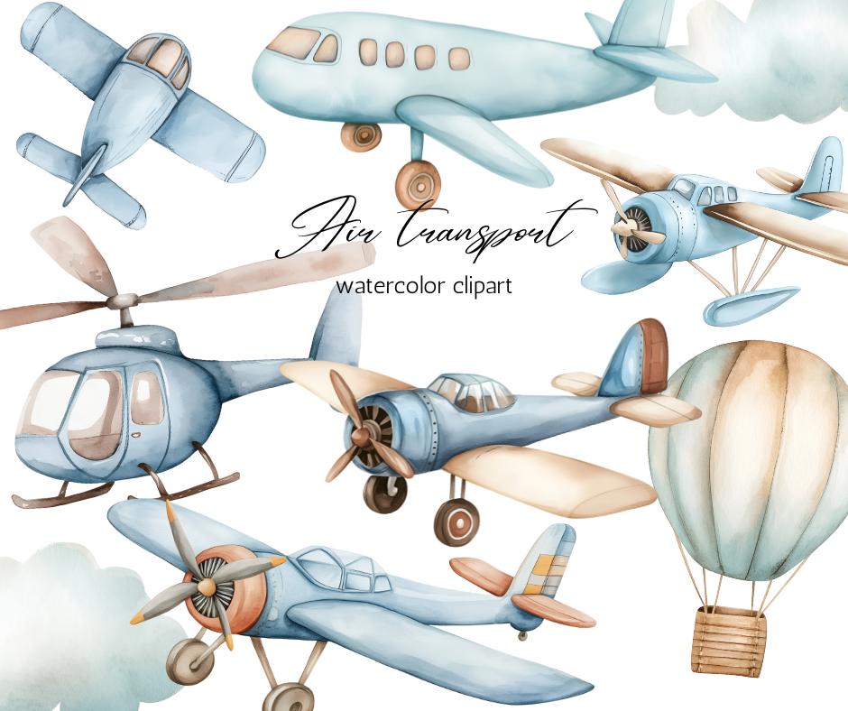 Watercolor Airplane Clipart Bundle, Vintage Aviation PNG, Pilot Kids ...