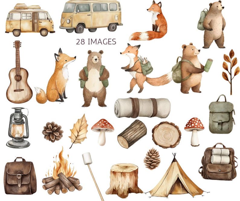 Watercolor Camping Animals Clipart | Forest Bear & Fox PNG | Woodland ...