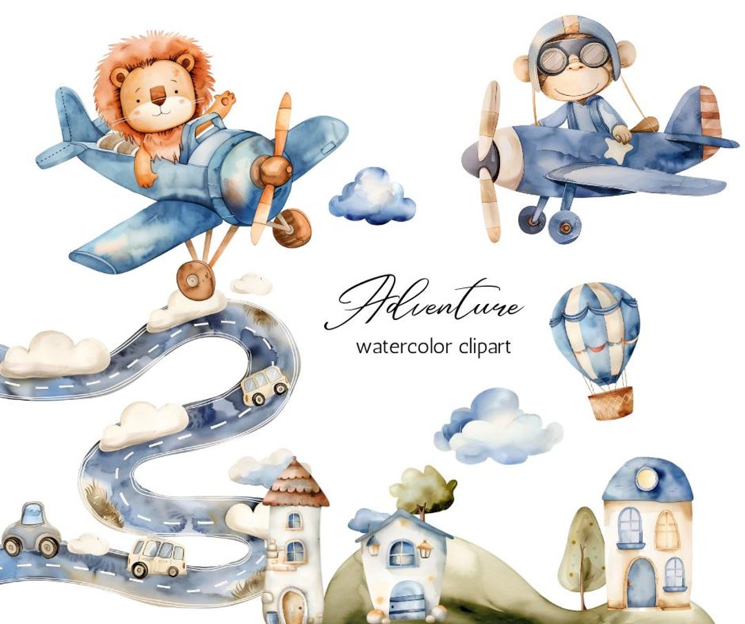 Watercolor Airplane Clipart Bundle, Pilot Aviator Clipart, Adventure ...