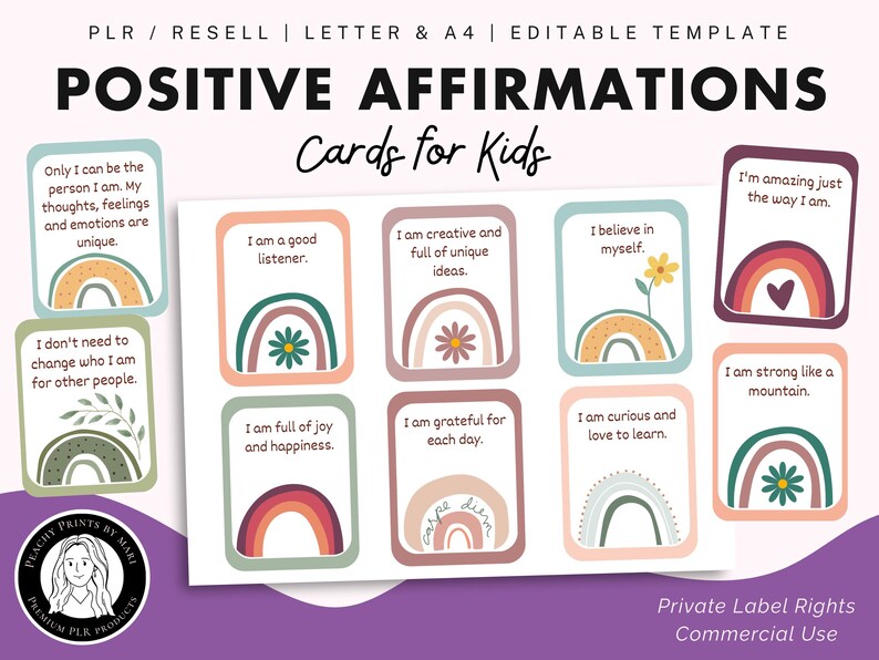 Positive Affirmation Cards for Kids, PLR Resell, Editable Template ...