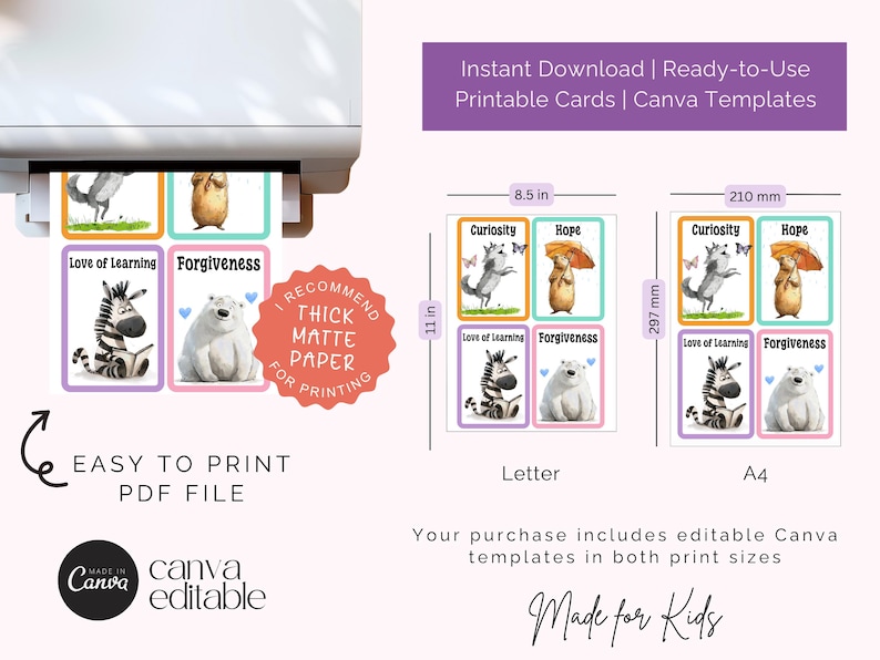 Character Strenghts Cards for Kids, Editable Template, Canva, Positive ...