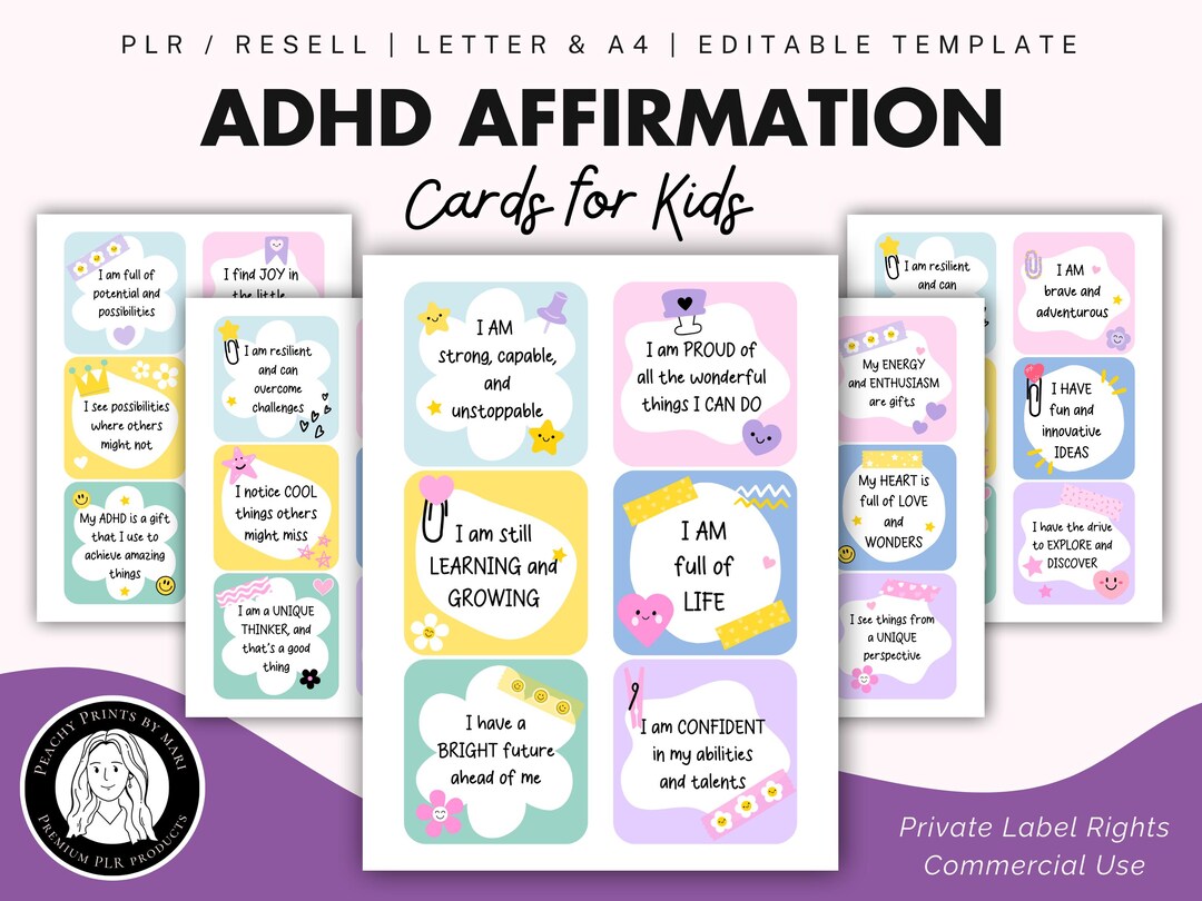 ADHD Affirmation Cards for Kids, Printable, Editable Template, Canva ...
