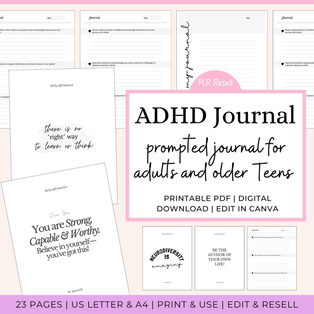 ADHD Journal Prompts, PLR Resell, Canva Template, Guided Worksheet ...