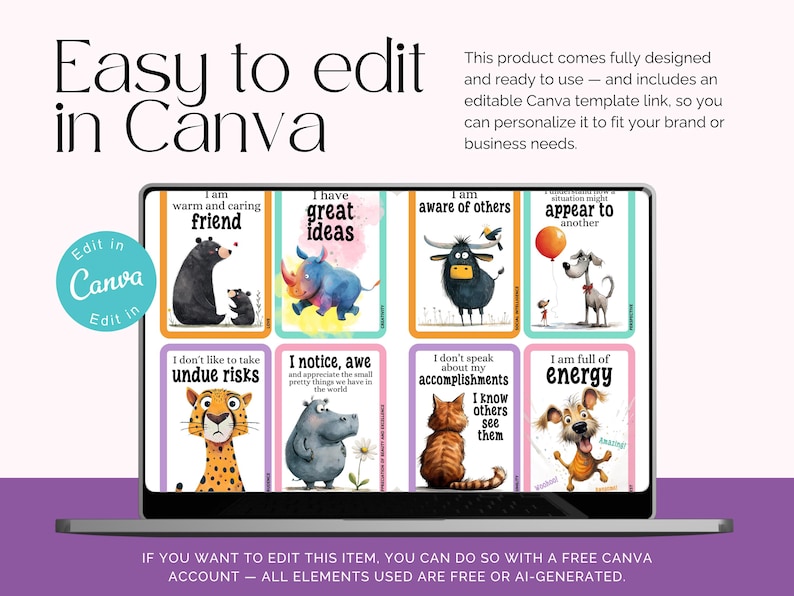 Character Strenghts Cards for Kids, Editable Template, Canva, Positive ...