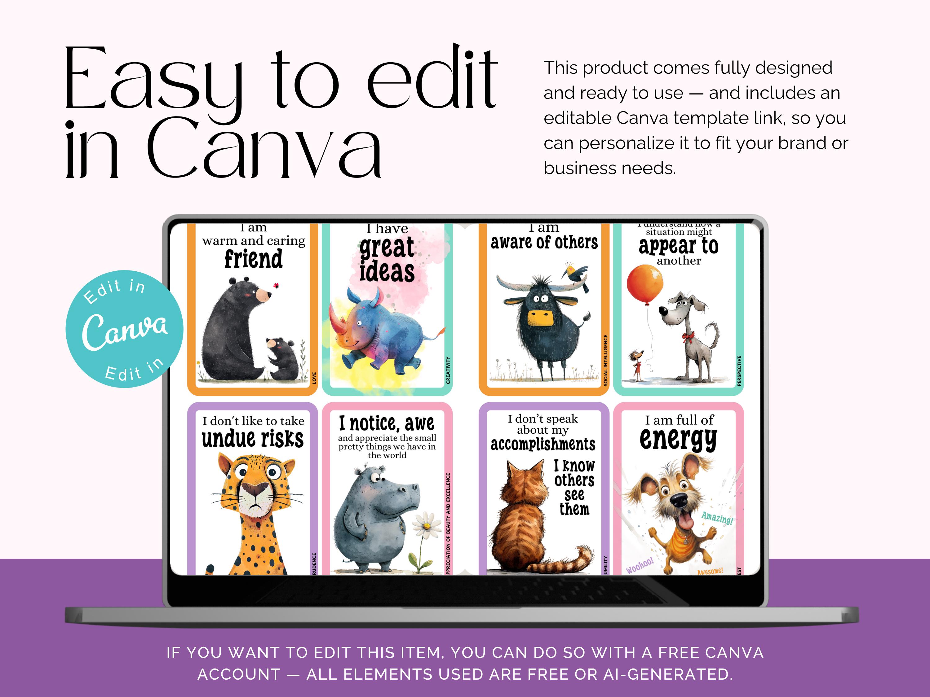 Character Strenghts Cards for Kids, Editable Template, Canva, Positive ...