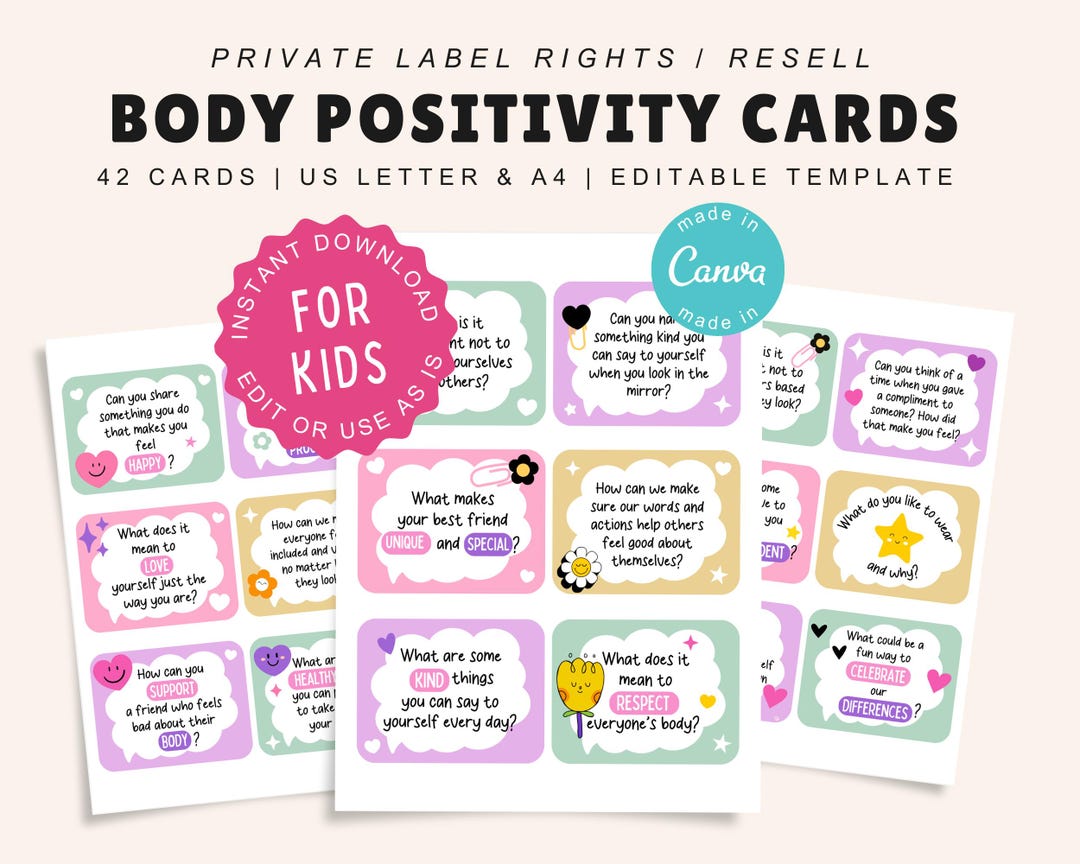 Body Positivity Cards for Kids, Printable, Editable Template, Canva ...