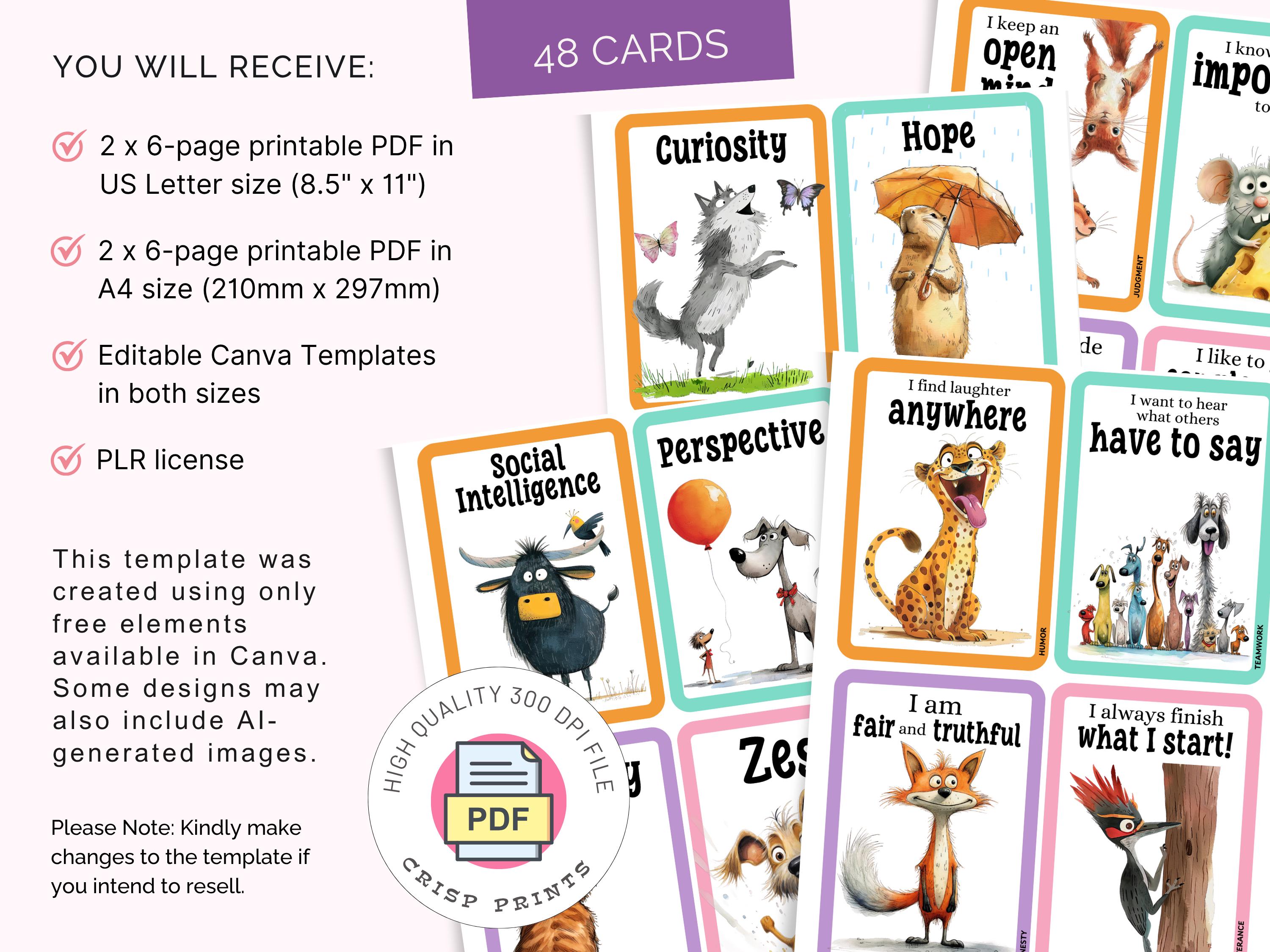 Character Strenghts Cards for Kids, Editable Template, Canva, Positive ...