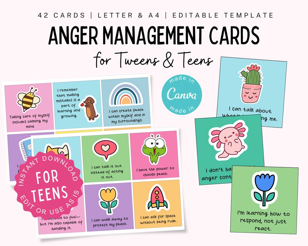 Anger Management Cards for Tweens and Teens, Grounding Calming ...